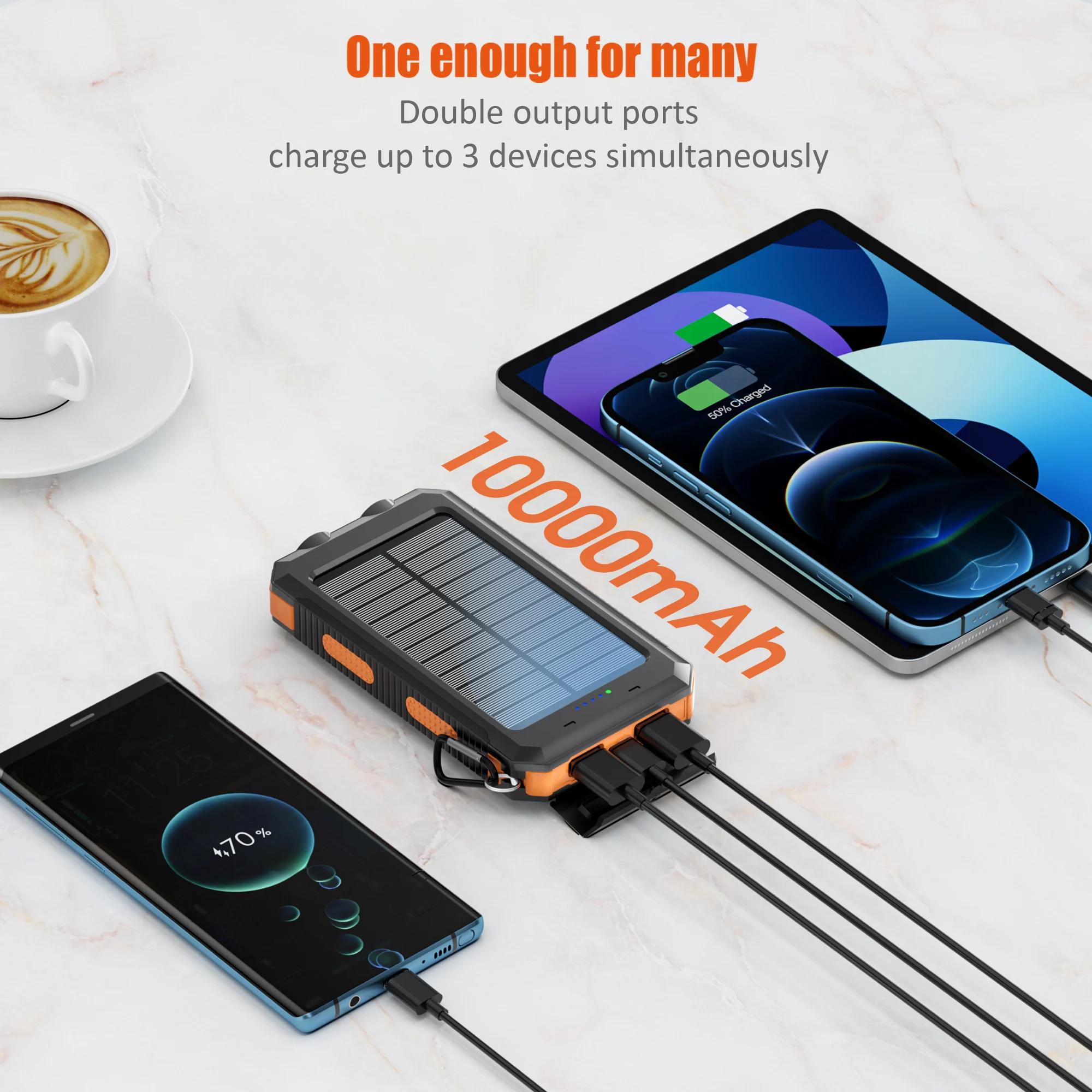 Solar Power Bank 10000mAh with Dual USB, Type-C, Flashlight, Compass ...